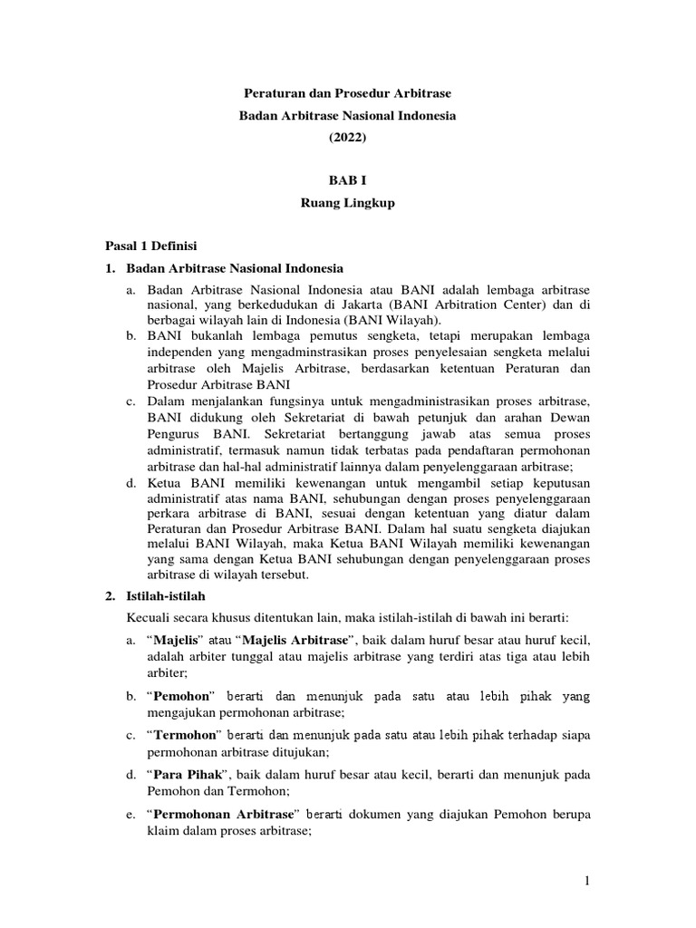 Peraturan Dan Prosedur Arbitrase Badan Arbitrase Nasional Indonesia (2022) | PDF