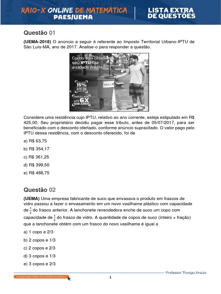 Lista 01 - Exercícios Extras de Matemática - Paes Uema | PDF
