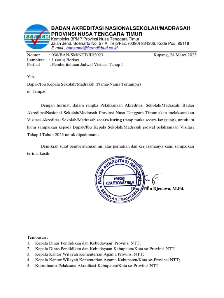Surat Pemberitahuan Ke SM Untuk Visitasi Tahap I Tahun 2023 | PDF