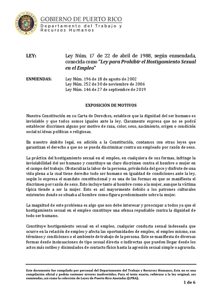 Ley 17-1988, Ley para Prohibir El Hostigamiento Sexual en El Empleo ...