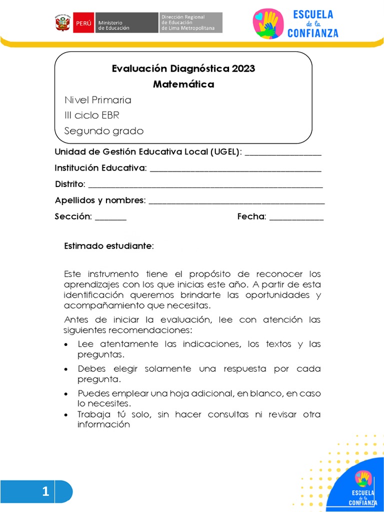Nivel Primaria III Ciclo EBR Segundo Grado: Evaluación Diagnóstica 2023 Matemática | PDF