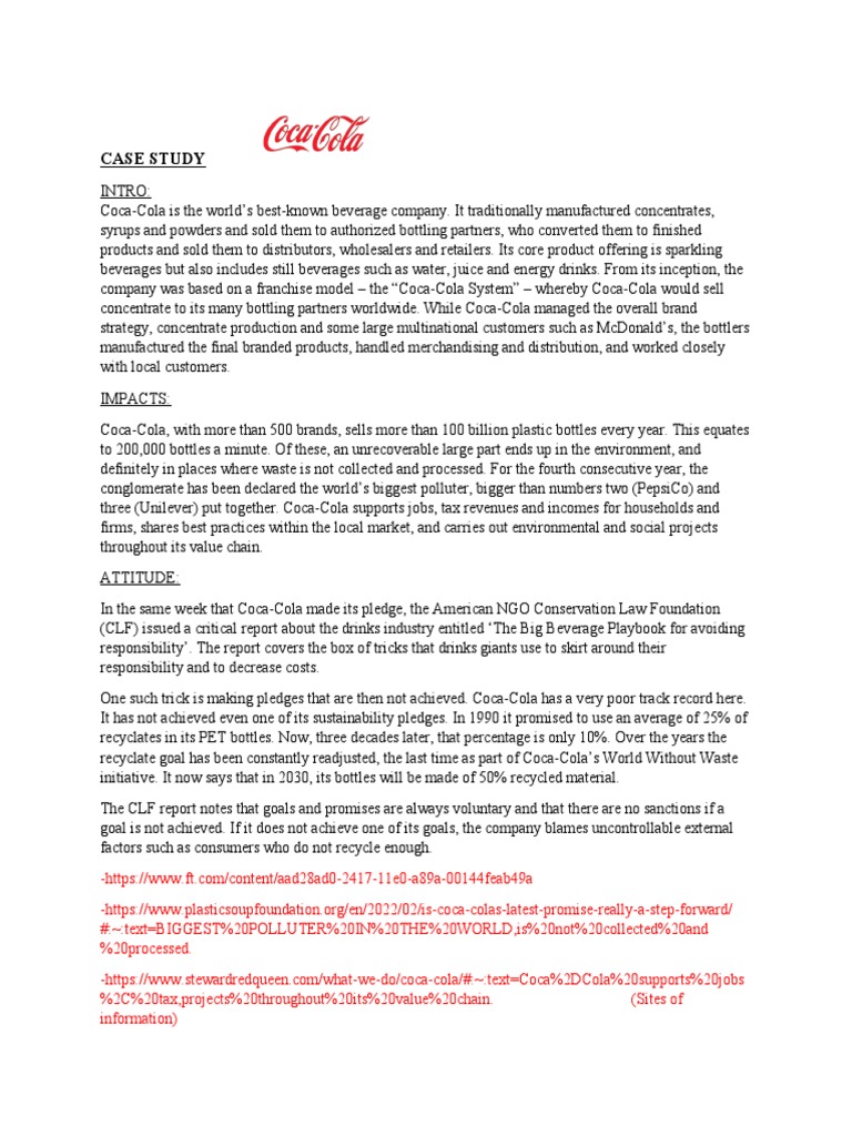 CASE STUDY Coca Cola | PDF | The Coca Cola Company | Recycling