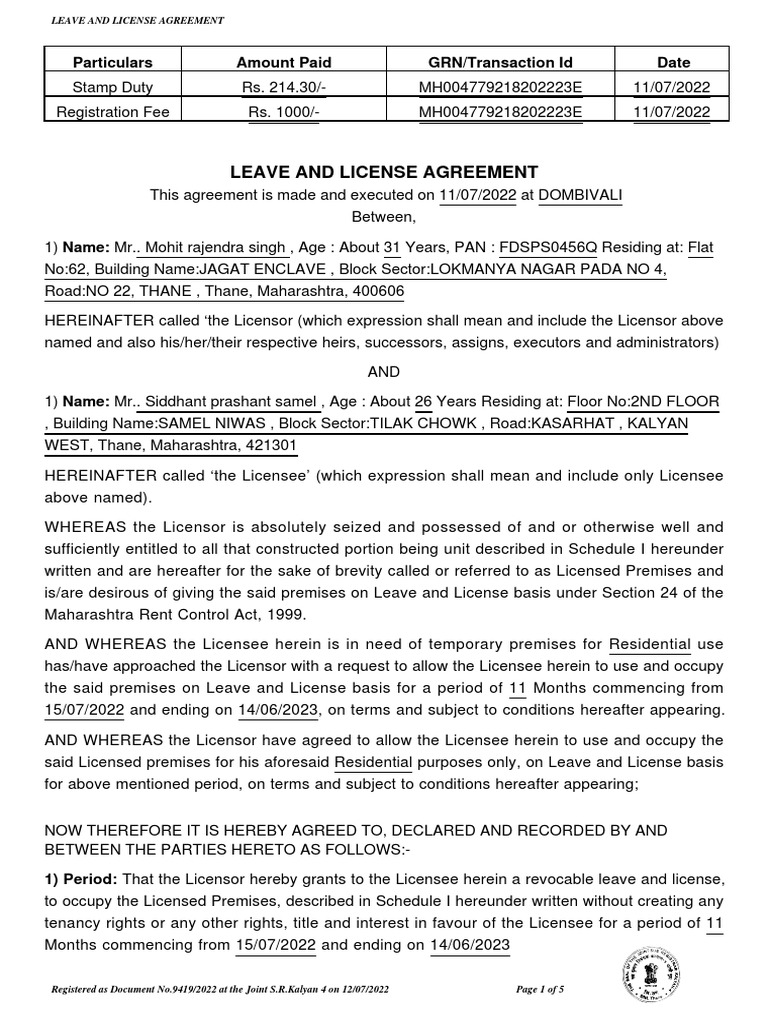 Leave and License Agreement | PDF | License | Landlord