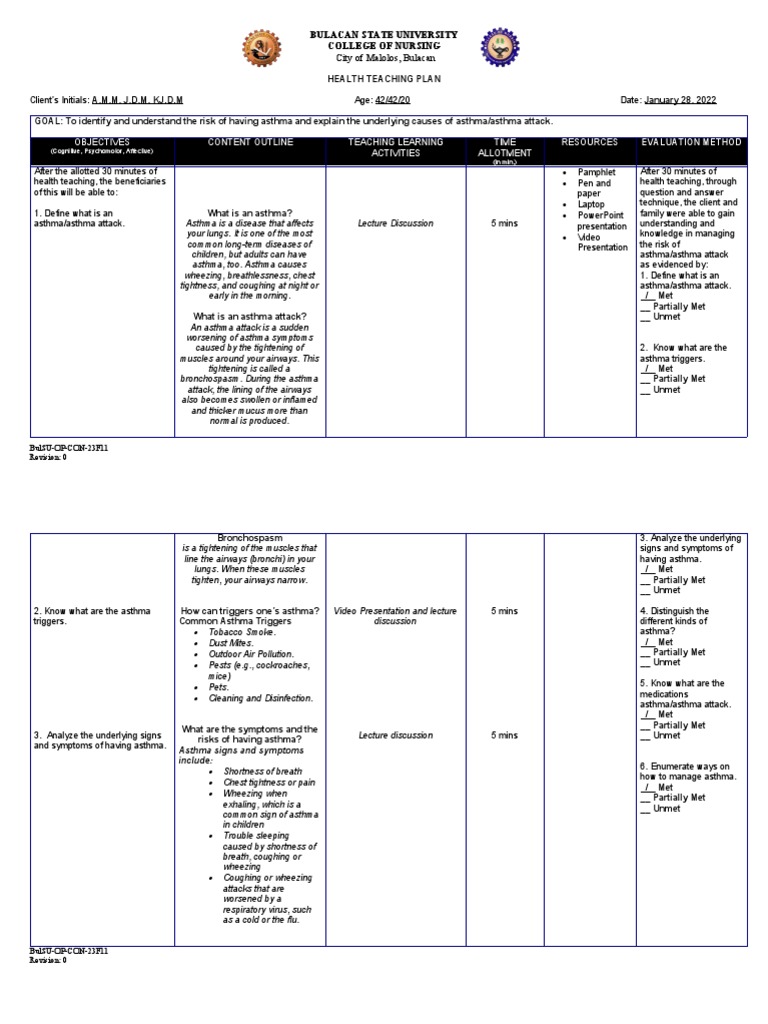 Asthma Health Teaching Plan | PDF | Asthma | Allergy