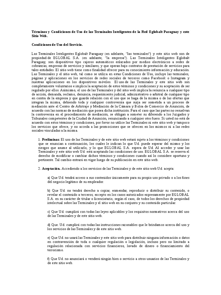 Eglobalt Sa Terminos y Condiciones | PDF | Red mundial | Internet y web