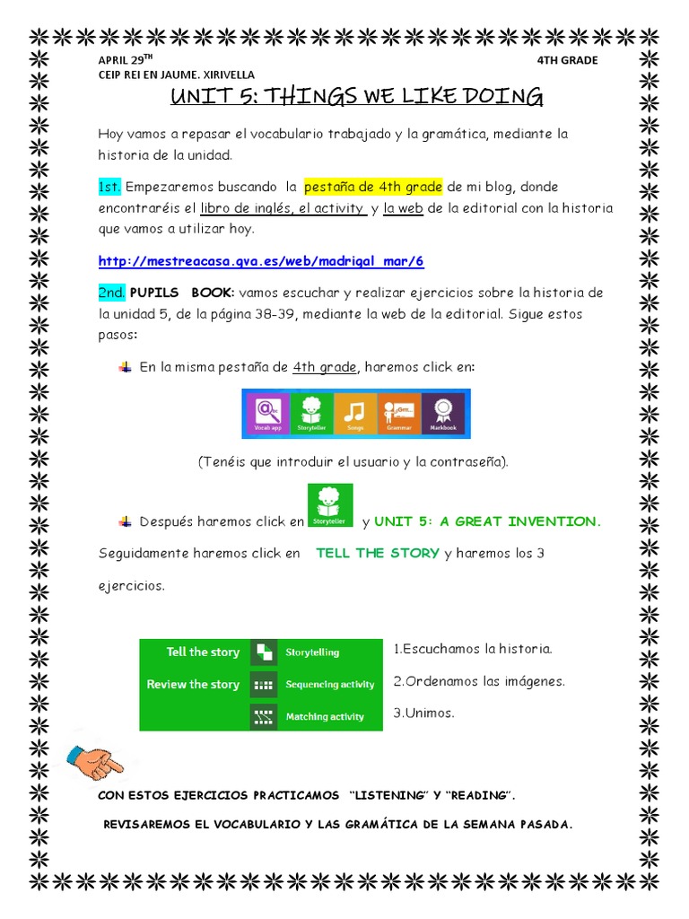Unit 5: Things We Like Doing: April 29 4Th Grade Ceip Rei en Jaume. Xirivella | PDF