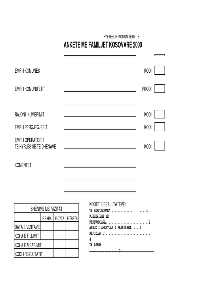 Ankete Me Familjet Kosovare 2000: Pyetesor Ikomunitetit Te | PDF
