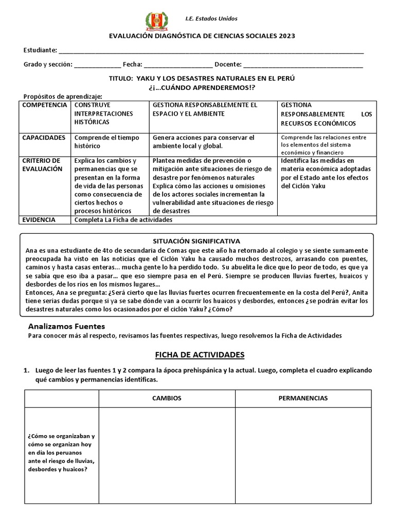 EVALUACIÓN DIAGNÓSTICA 3ro CIENCIAS SOCIALES 2023 para Imprimir | PDF