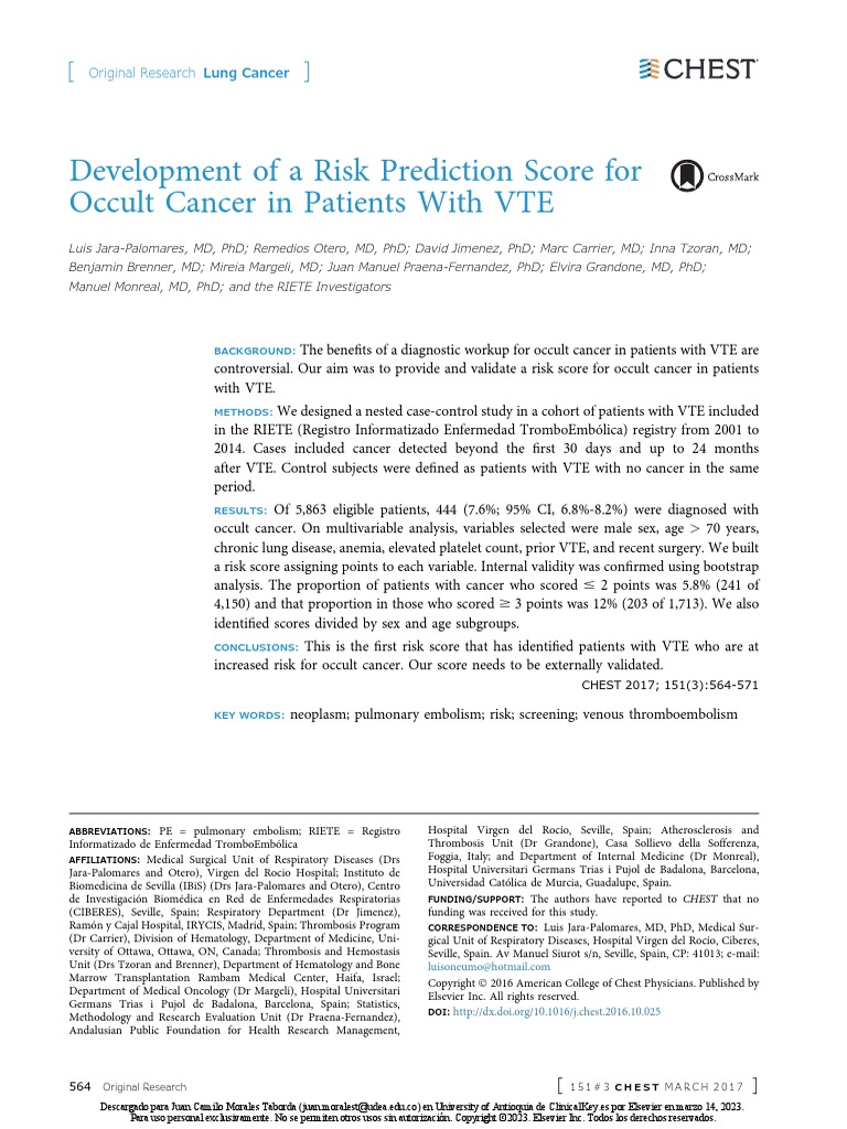 Development of A Risk Prediction Score For Occult Cancer in Patients ...