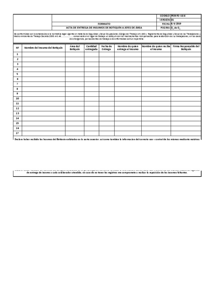 Formato Entrega Insumos Botiquin Jefe Area | PDF