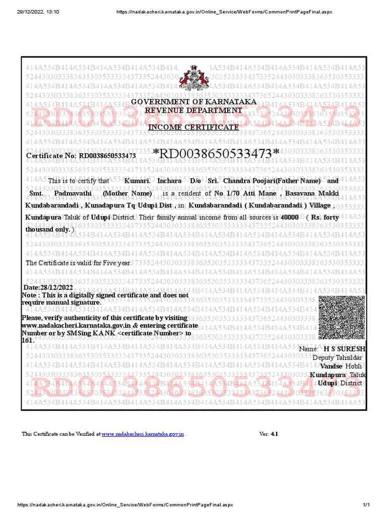 Government of Karnataka Revenue Department Income Certificate | Download Free PDF | Cryptography ...