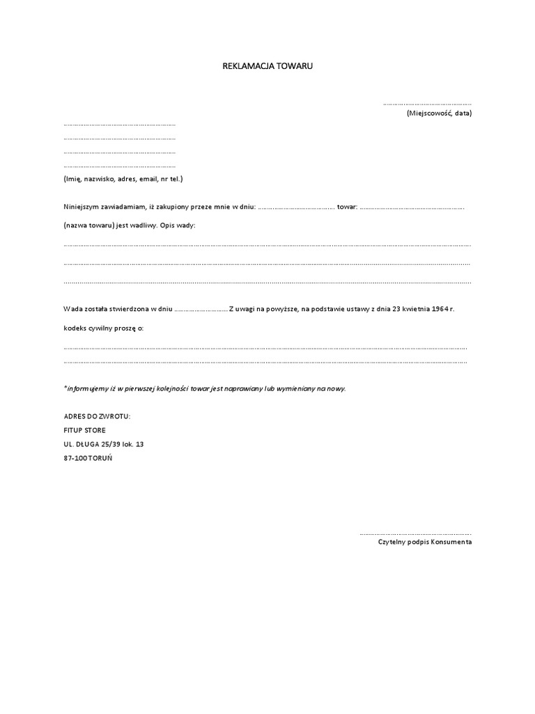 Reklamacja Towaru: Informujemy Iż W Pierwszej Kolejności Towar Jest ...