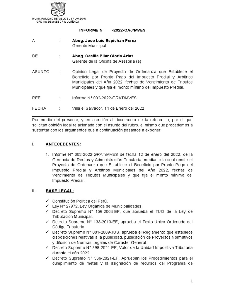 INFORME # - Proyecto de Ordenanza Del Beneficio Pronto Pago Predial y Arbitrios 2022 | PDF ...