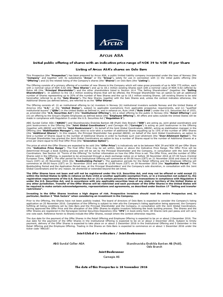 Arcus ASA IPO Prospectus | PDF | Stocks | Securities Act Of 1933