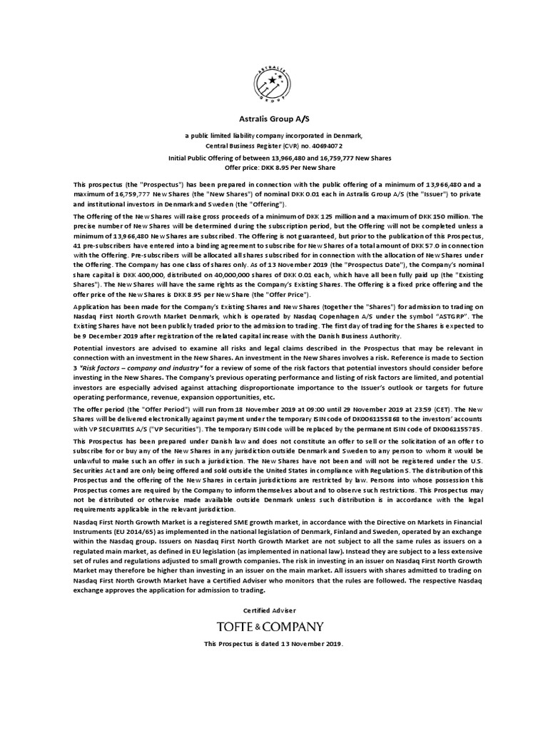 Astralis Group ApS IPO Prospectus PDF Prospectus Finance Stocks