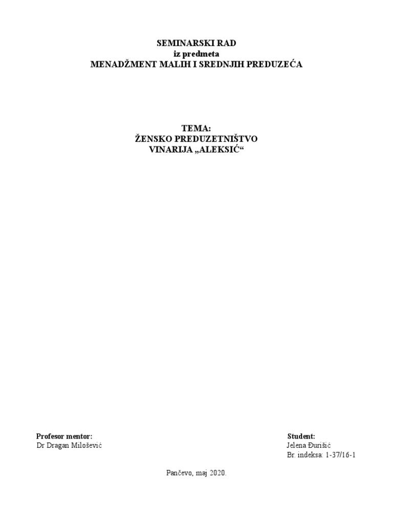 Seminarski Rad Iz Predmeta Menadžment Malih I Srednjih Preduzeća | PDF
