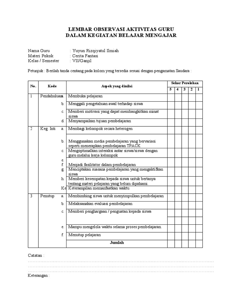 Lembar Observasi Aktivitas Guru | PDF