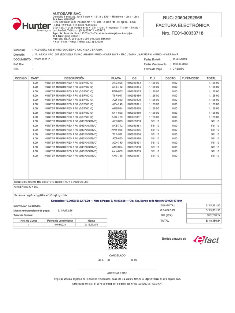 Factura electrónica de Autosafe SAC por servicios de monitoreo vehicular a RLD Service Mining ...