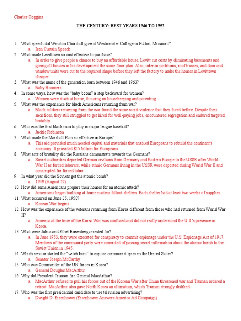 The Century - The Best Years 1946 To 1952 - Questions | PDF | Korean ...