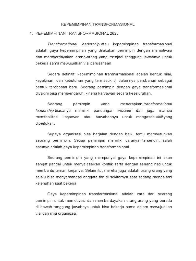 Transformational Leadership Atau Kepemimpinan Transformasional | PDF