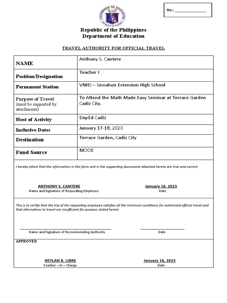 Travel Authority For Official Travel NEW TEMPLATE 2022 | PDF ...