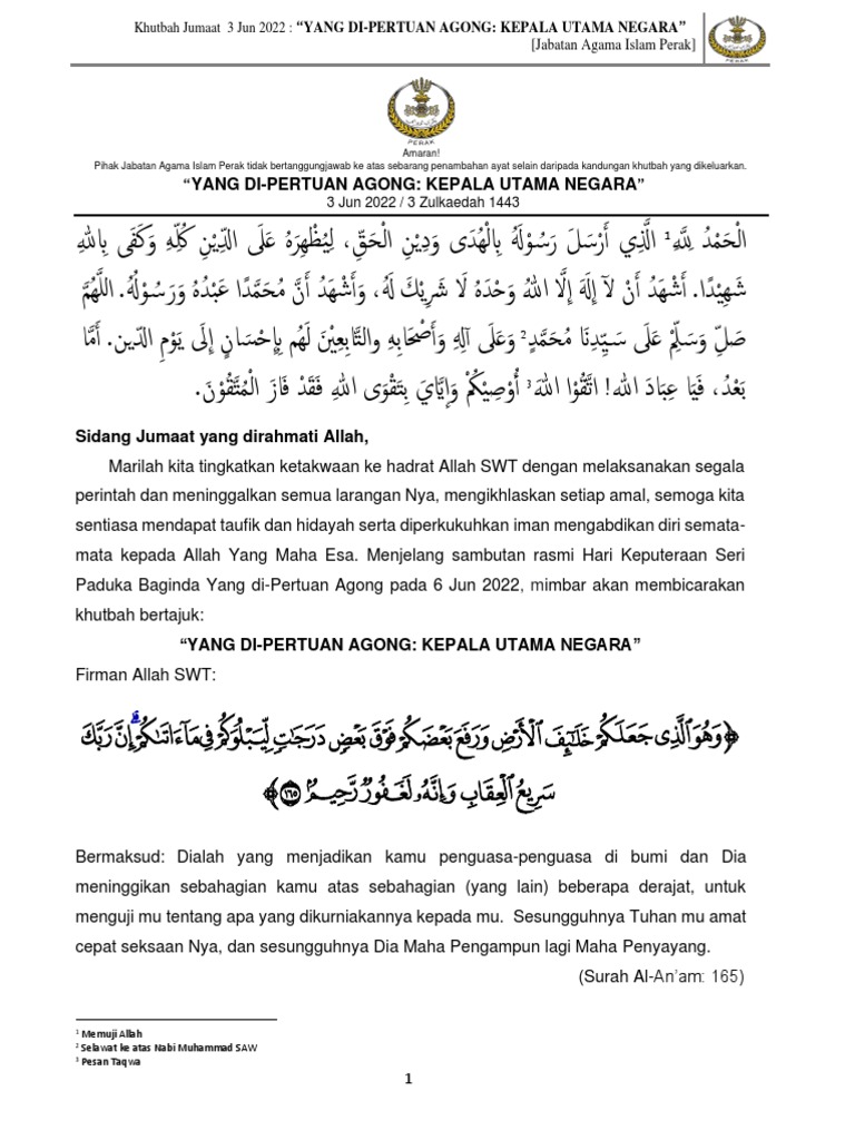 Khutbah Jumaat 3 Jun 2022 - Yang Di-Pertuan Agong - 220602 - 093057 | PDF Khutbah Jumaat 3 Jun 2022 - Yang Di-Pertuan Agong - 220602 - 093057 | PDF