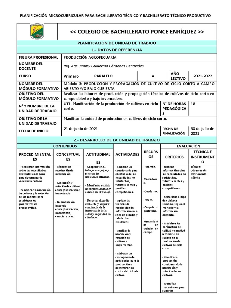 1ro Agro - Ciclo Corto - UT1 | PDF