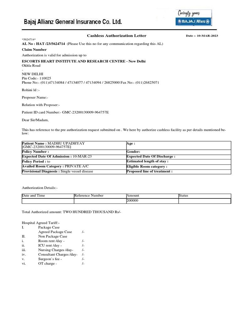 Authorization Letter | PDF | Insurance | Receipt