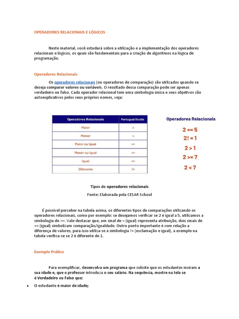 4 - Operadores Racionais e Logicos | PDF | Lógica | Algoritmos