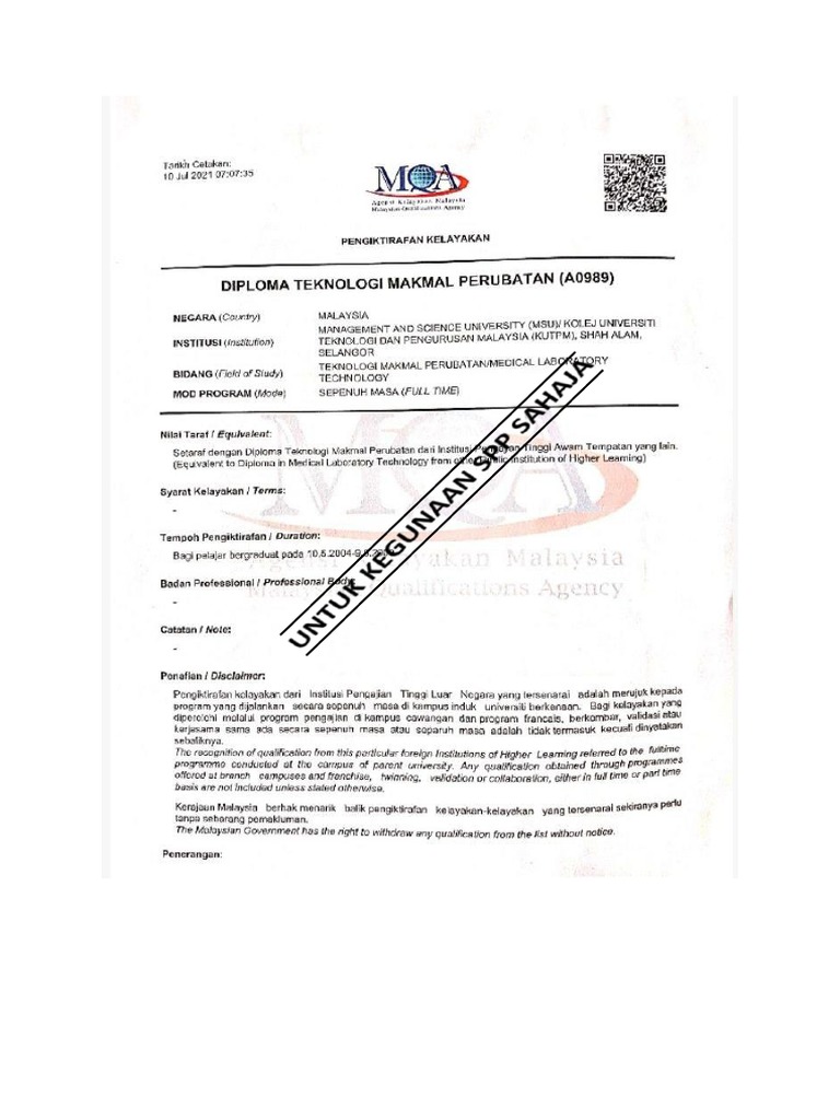Mqa Diploma Teknologi Makmal Perubatan | PDF