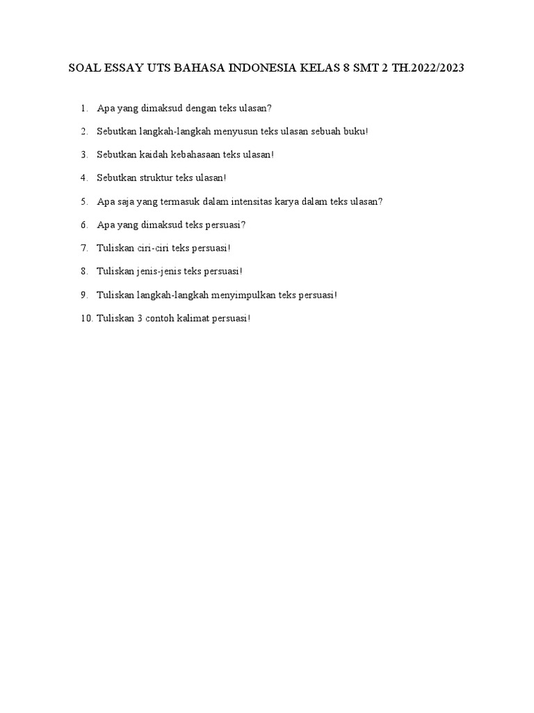 Soal Essay Uts Bahasa Indonesia Kelas 8 SMT 2 Th.2022/2023 | PDF
