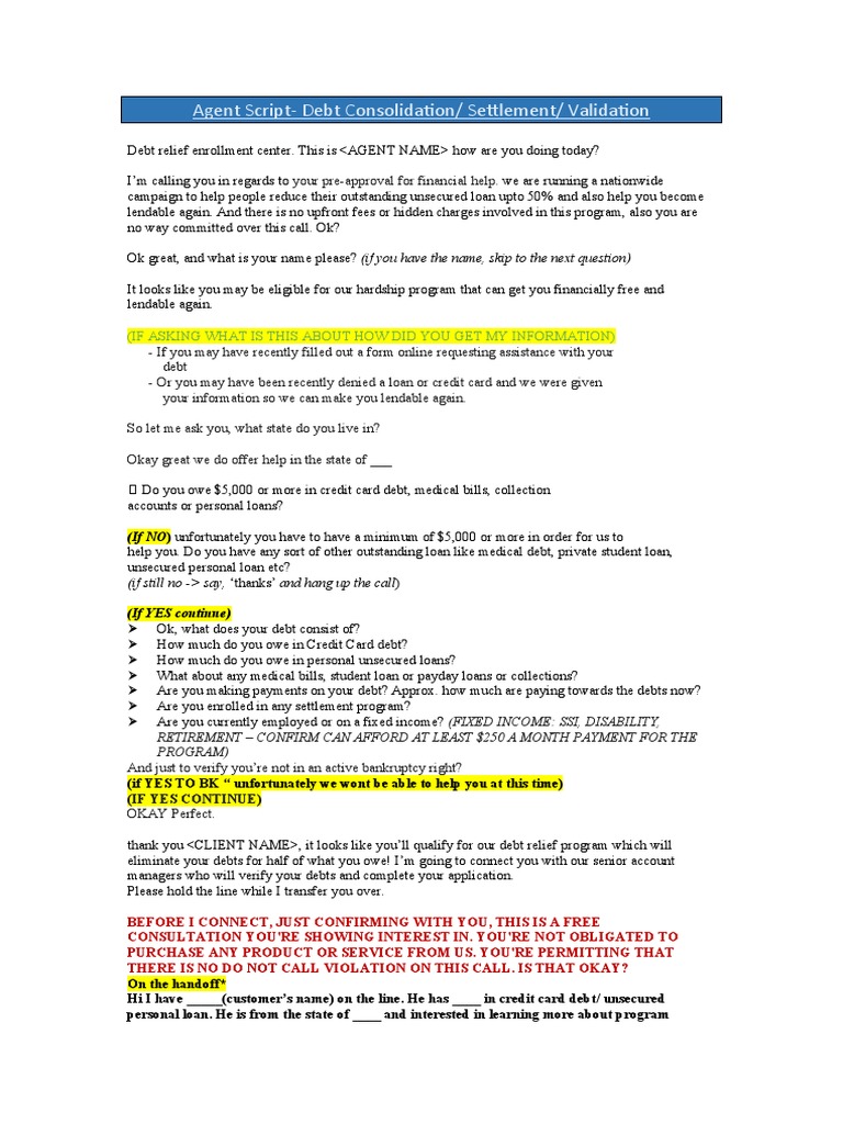 Agent Script - Debt Settlement - 17 October | PDF | Debt | Loans