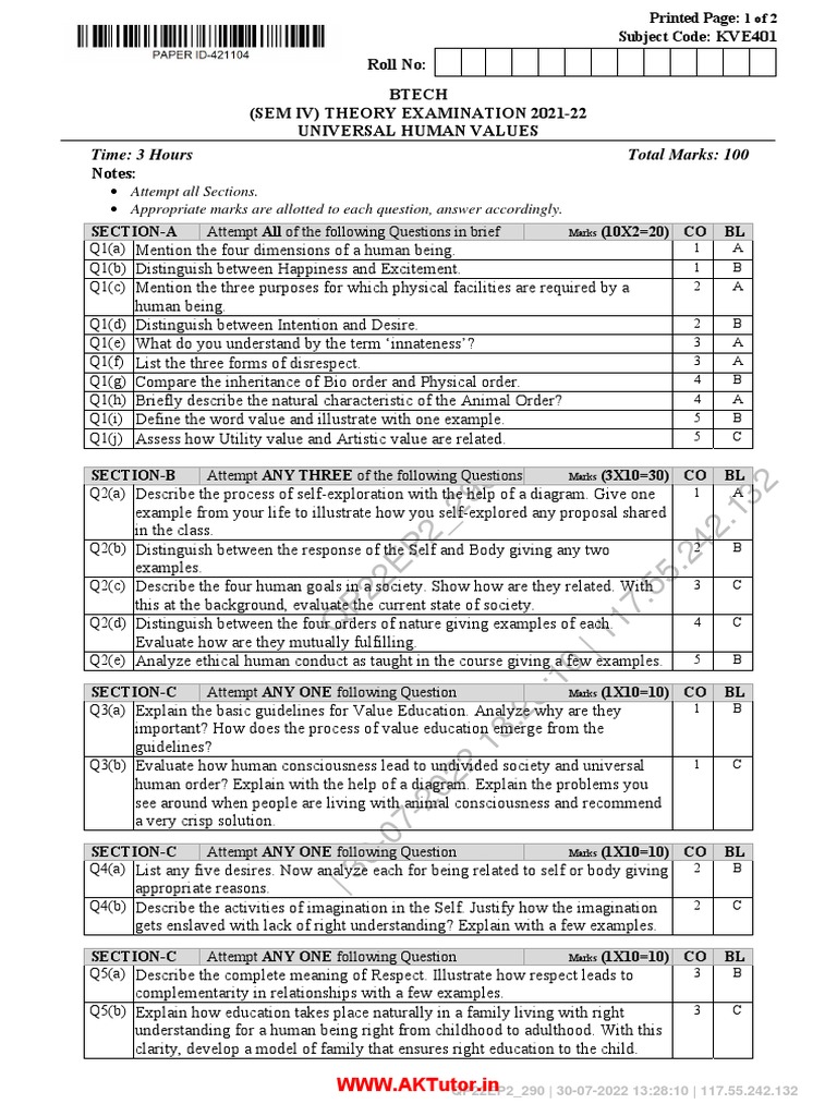 BTech Universal Human Values Exam | PDF | Consciousness | Self