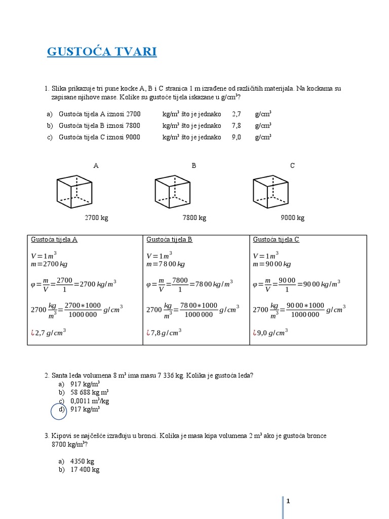 GUSTOĆA TVARI - fizika, 7. razred rješeni zadaci | PDF