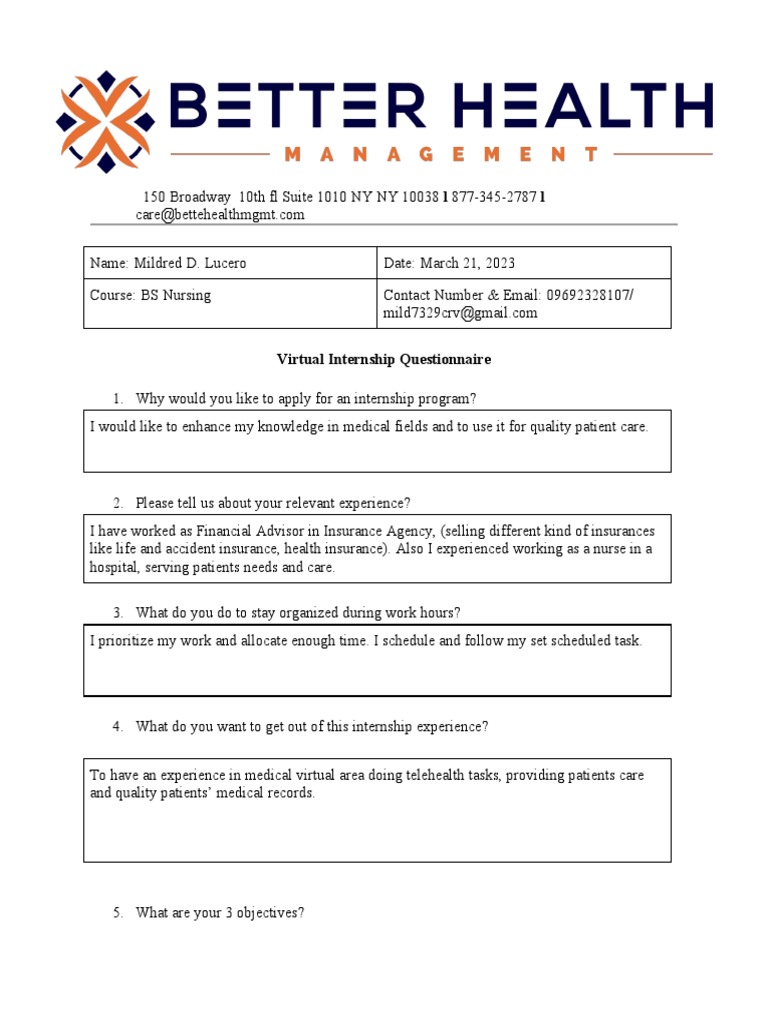 Virtual Internship Questionnaire | PDF | Nursing | Health Sciences