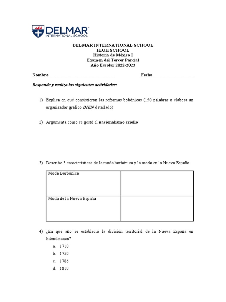 Delmar International School High School Historia de México I Examen Del ...