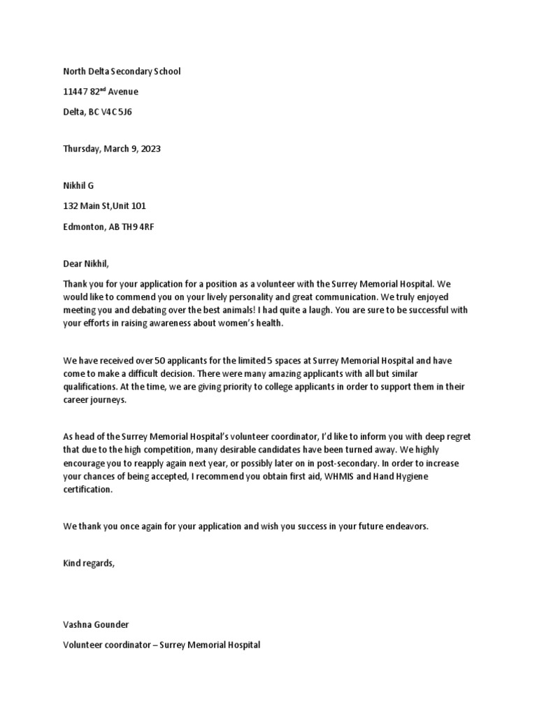Volunteer Application Rejection Letter | PDF