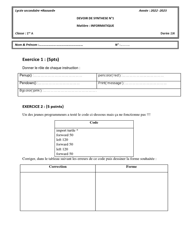DEVOIR DE SYNTHESE N°1 INFORMATIQUE 1ère | PDF | Programme informatique | Programmation