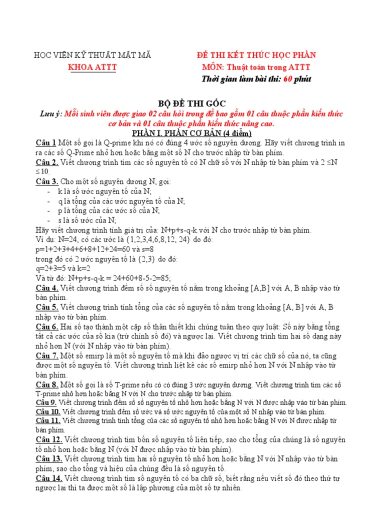 Khoa Attt Đề Thi Kết Thúc Học Phần MÔN: Thuật toán trong ATTT | PDF
