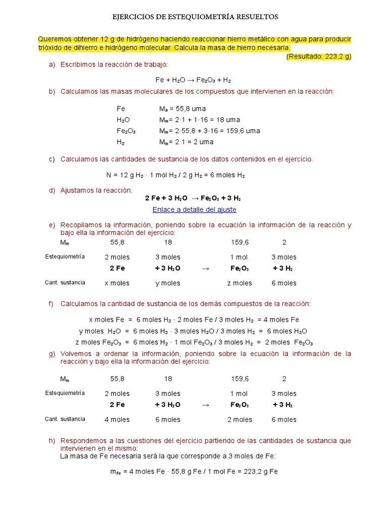 Ejercicios de Estequiometría Resueltos: 2 Fe + 3 H O Fe O + 3 H | PDF | Mole (Unidad ...