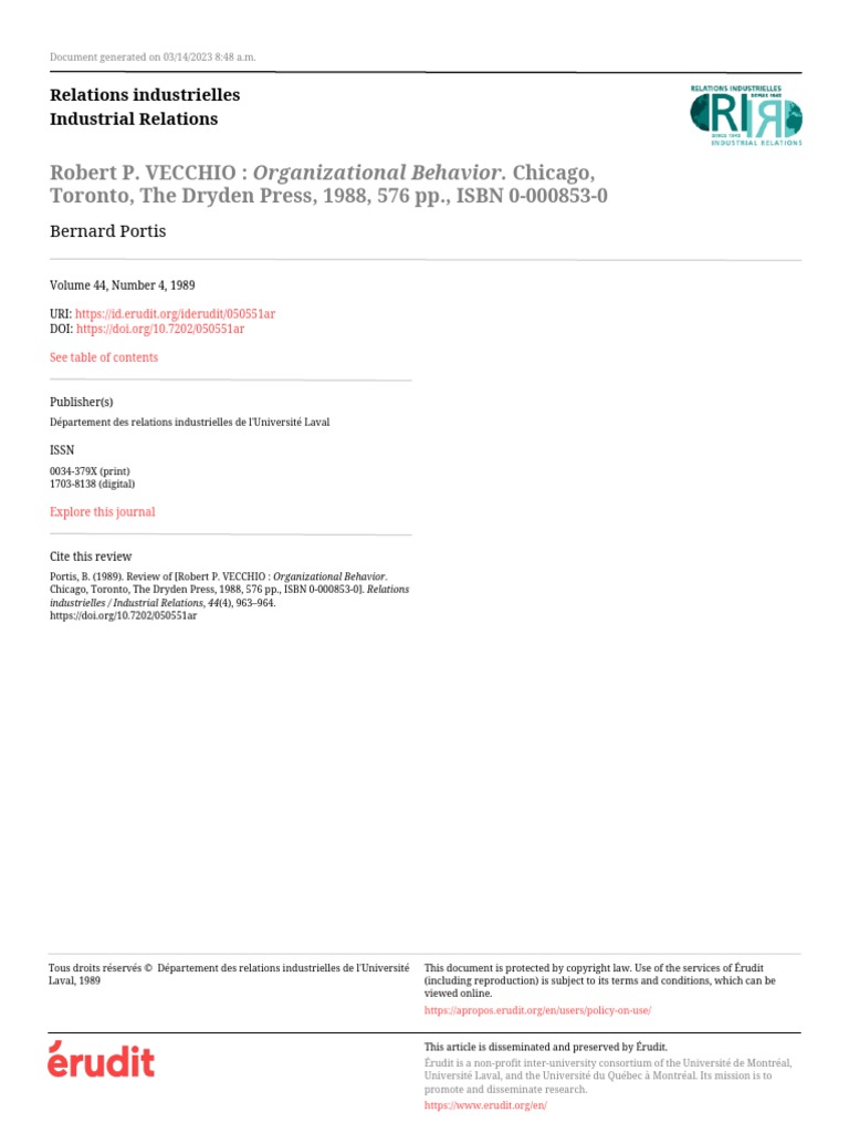 Robert P. VECCHIO: Organizational Behavior. Chicago, Toronto, The ...