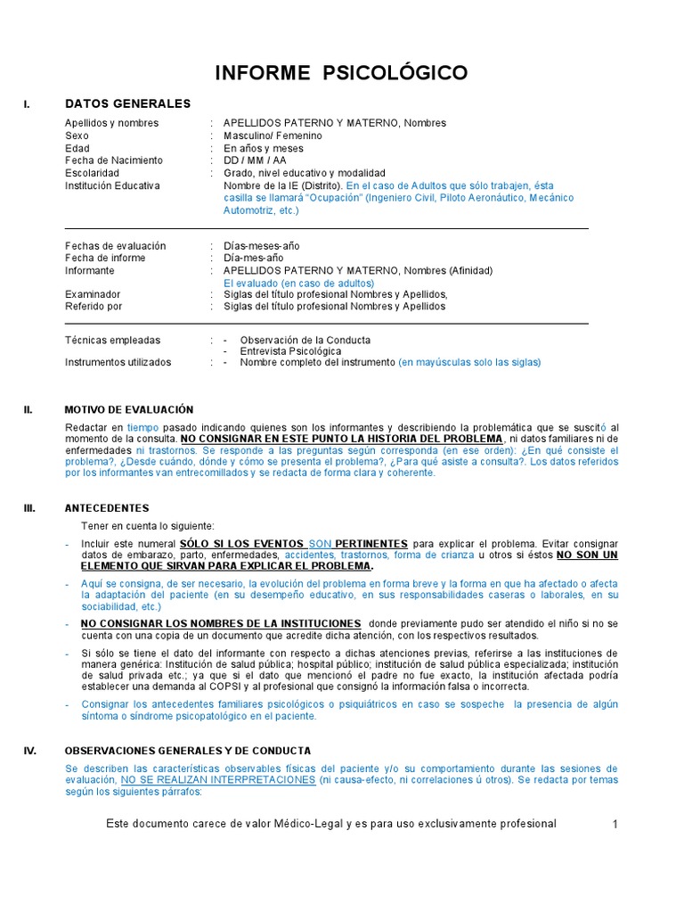 Modelo de Informe Psicológico | PDF | Desorden hiperactivo y deficit de ...