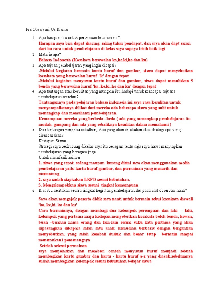 Jawaban Pra Observasi Us Risma | PDF