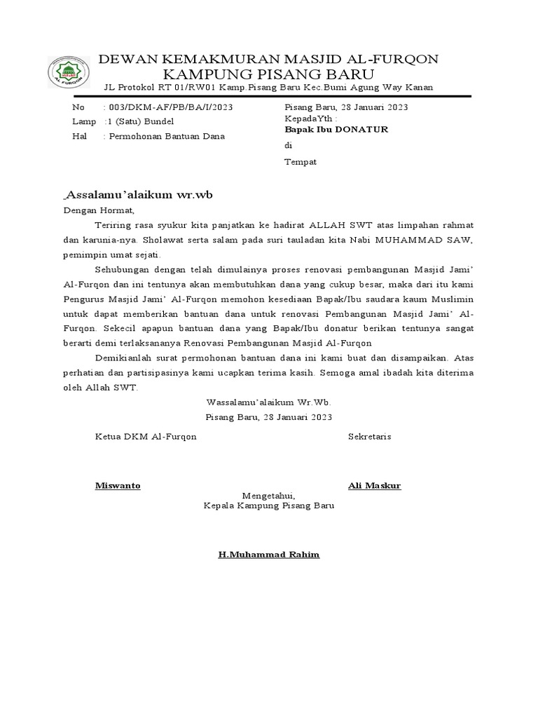 Permohonan Dana Renovasi Masjid | PDF
