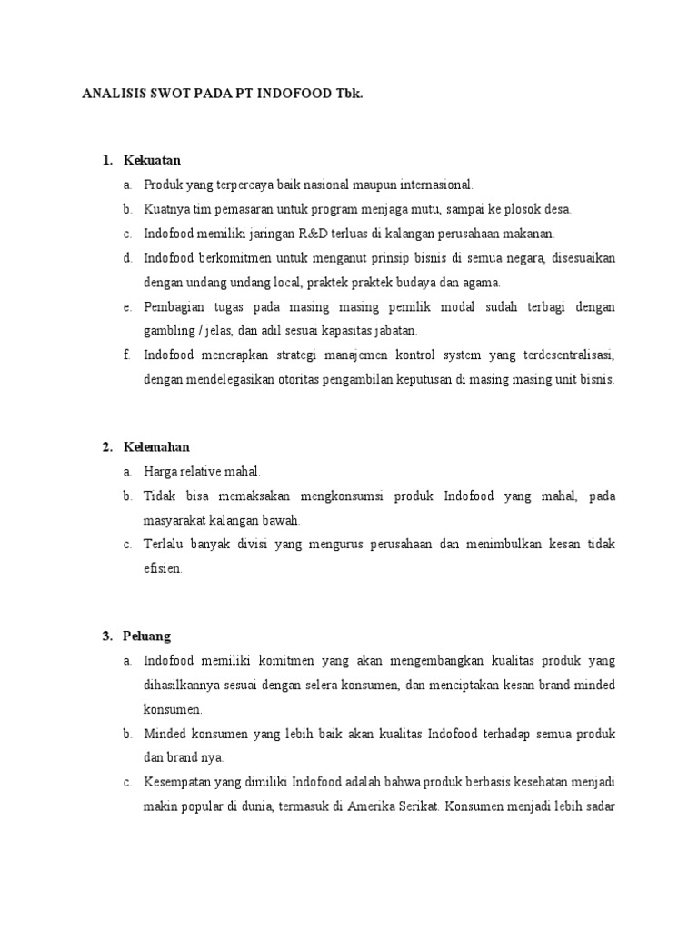 TUGAS ANALISIS SWOT PADA PT INDOFOOD TBK | PDF