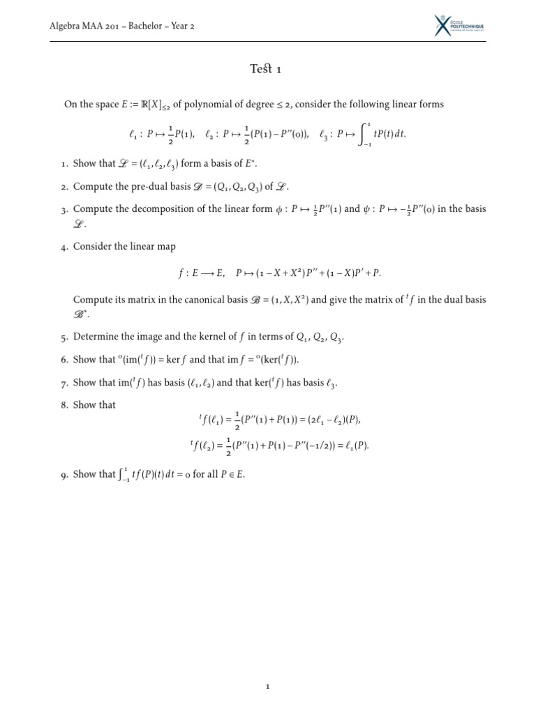 ' P (TP (T) DT.: Algebra MAA - Bachelor - Year | PDF | Basis (Linear Algebra) | Linear Map