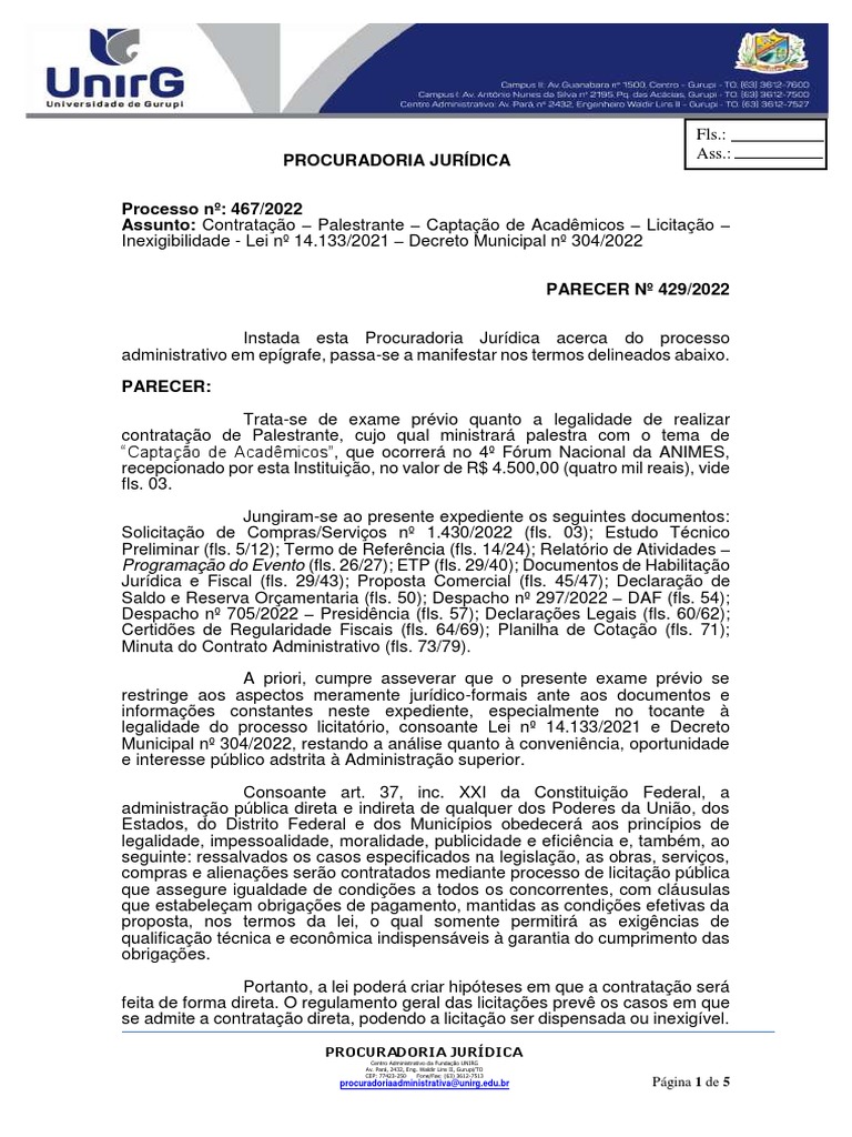MODELO - Parecer Jurídico Inexibilidade | PDF | Administração pública ...