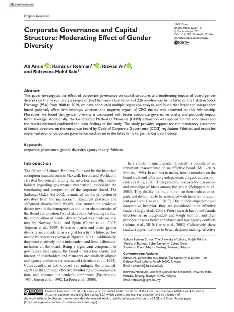 Corporate Governance and Capital Structure: Moderating Effect of Gender Diversity | Download ...