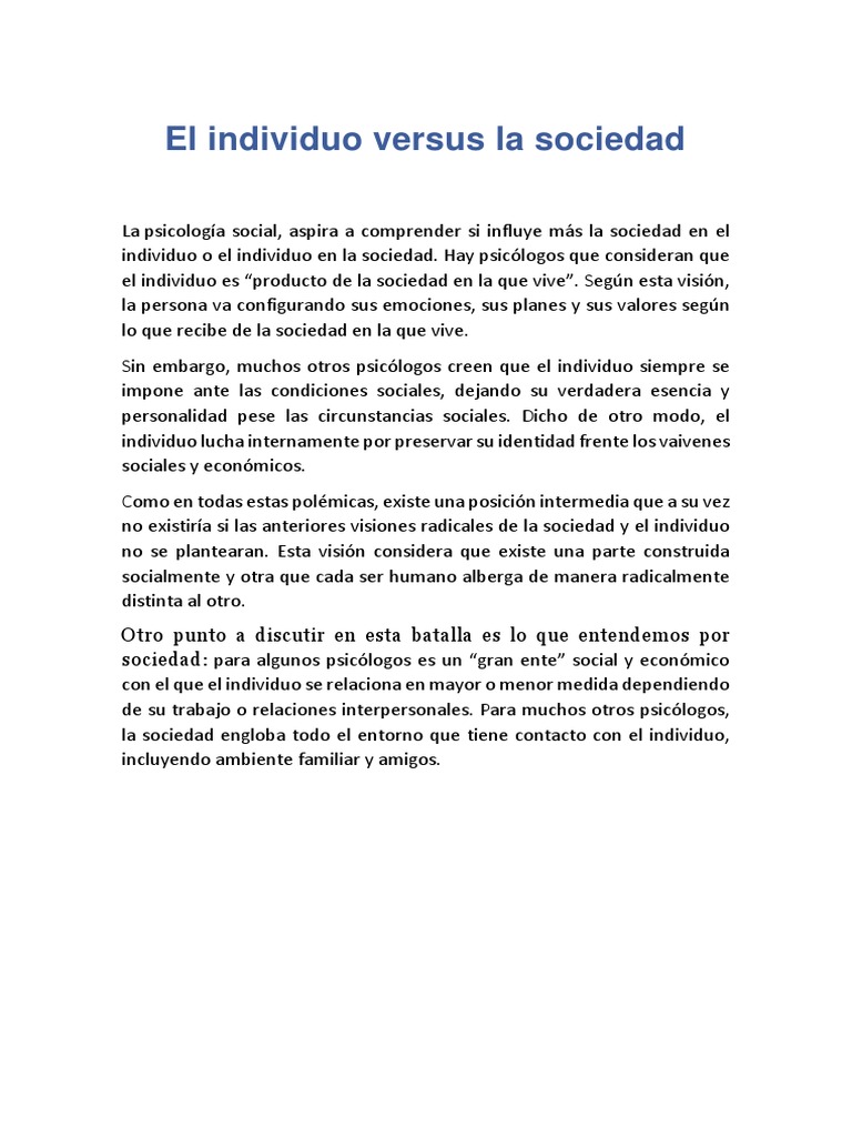 Conflicto entre individuo y sociedad | PDF | Sicología | Mente