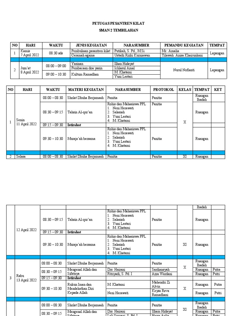 Jadwal Pesantren Kilat SMAN 2 Tembilahan | PDF